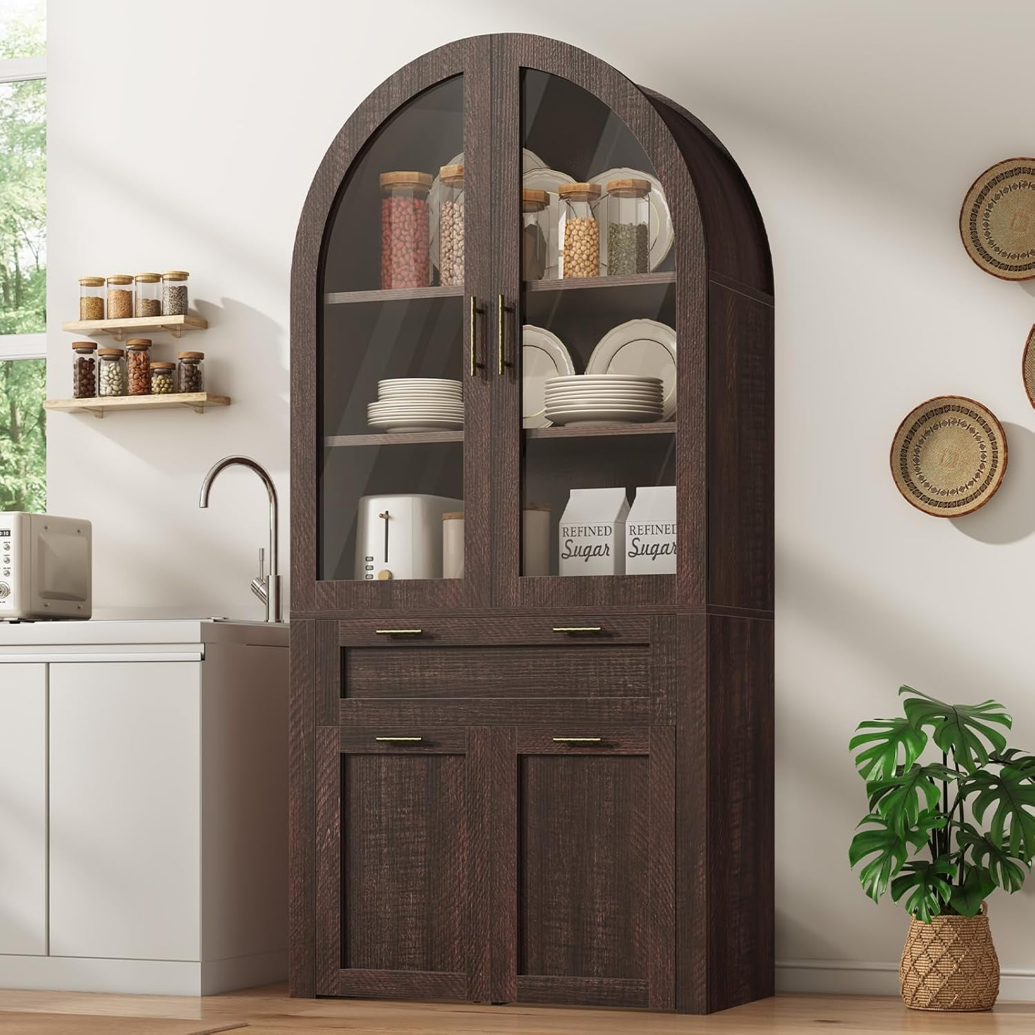 Arch Pantry Cabinet, Tall Kitchen Pantry Storage Cabinet with Power ...