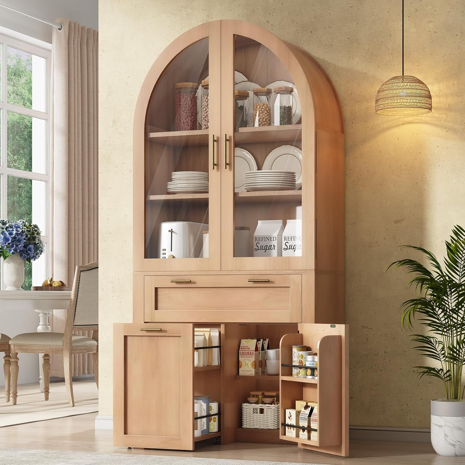 Arch Pantry Cabinet, Tall Kitchen Pantry Storage Cabinet with Power ...