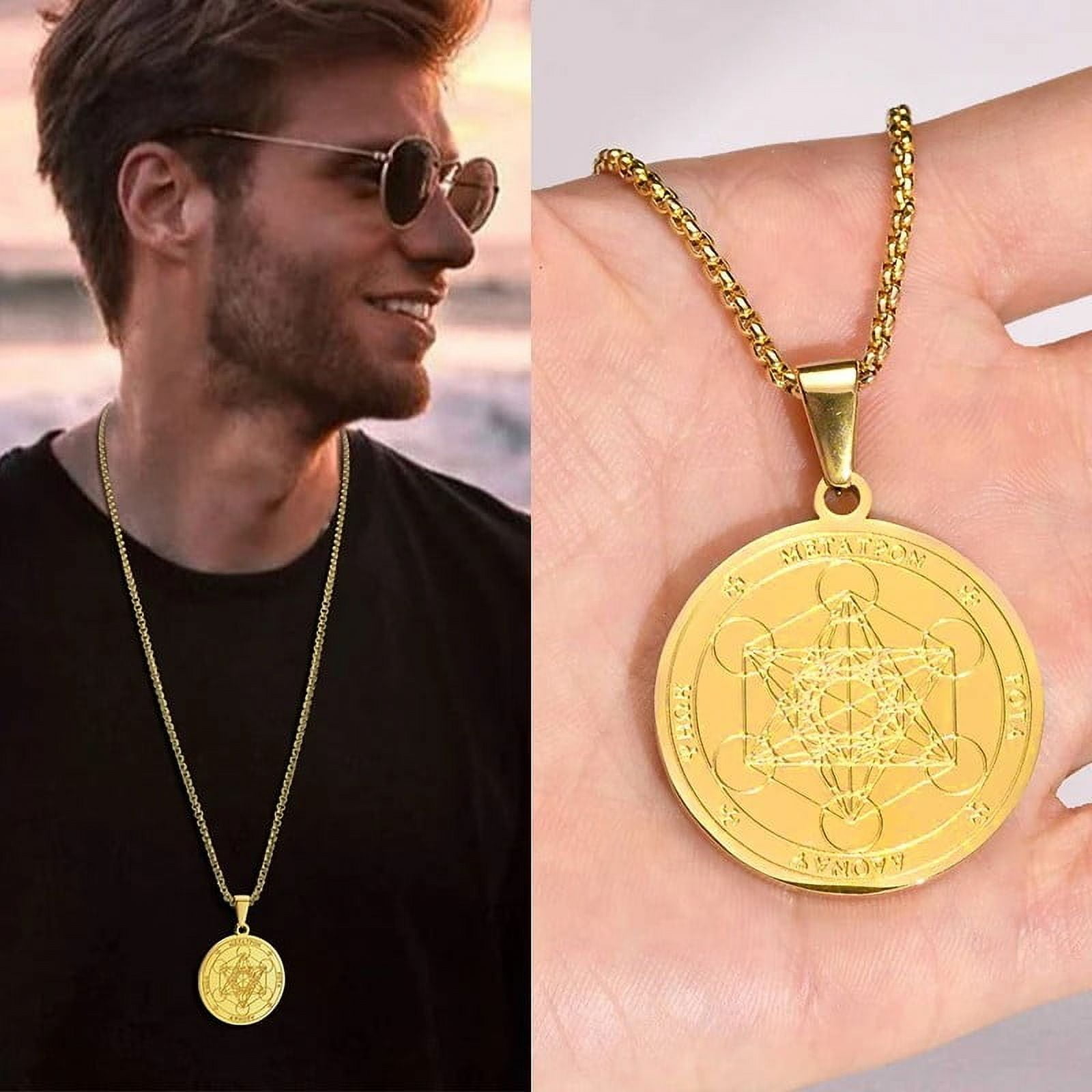 Archangel Medallion Necklace Men,14K Yellow Gold Cube Sacred Geometry ...