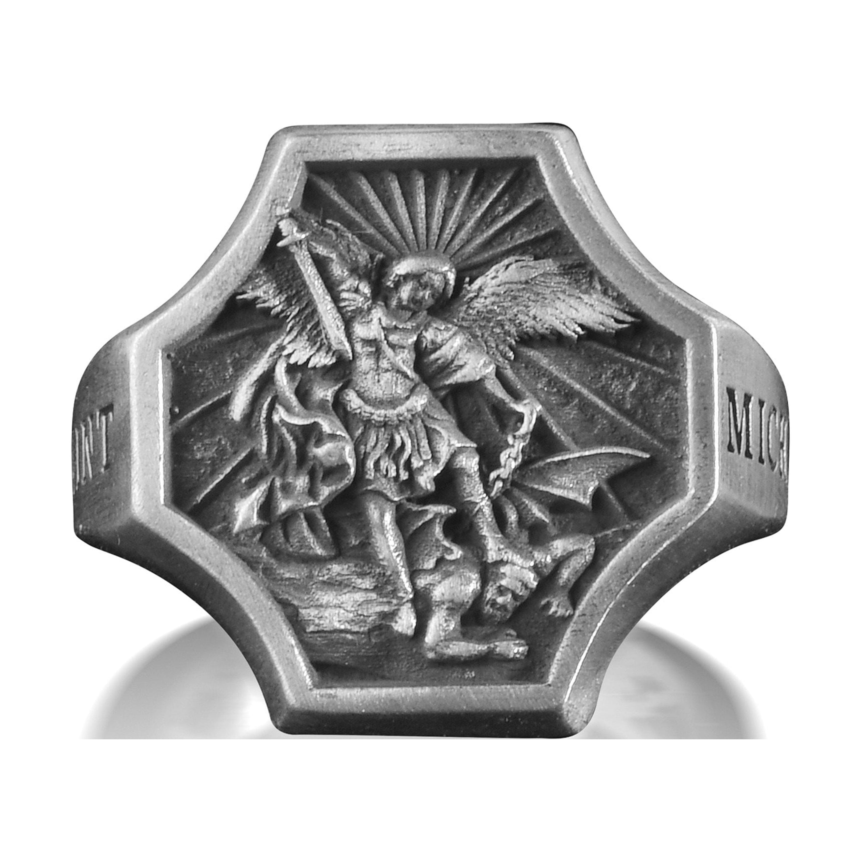Archangel Michael Signet Men Ring in Sterling, Michael Defeating Satan ...
