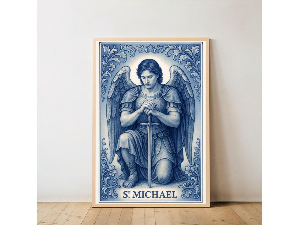Archangel Saint Michael Print: Catholic Digital Soft Blue Chinoiserie ...