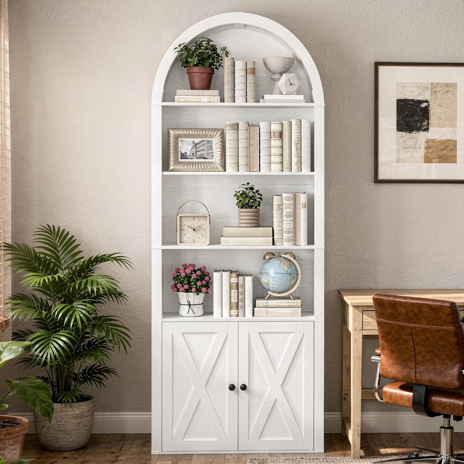 Arched 6-Tier Bookshelf with Cabinet Doors, 70.9" Tall Bookcase with ...