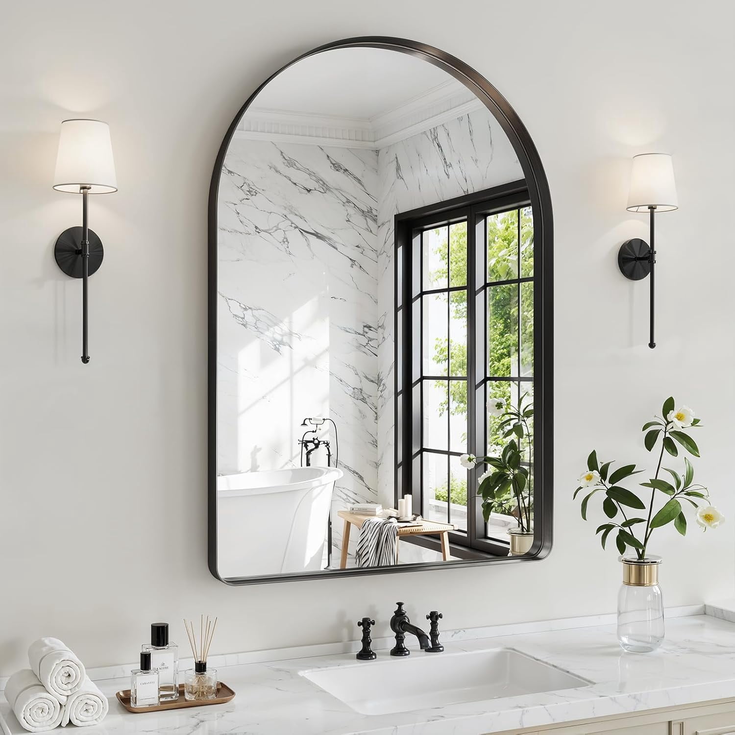 Arched Bathroom Mirror 40"L x 30"W Black Rounded Corner Tempered Glass ...