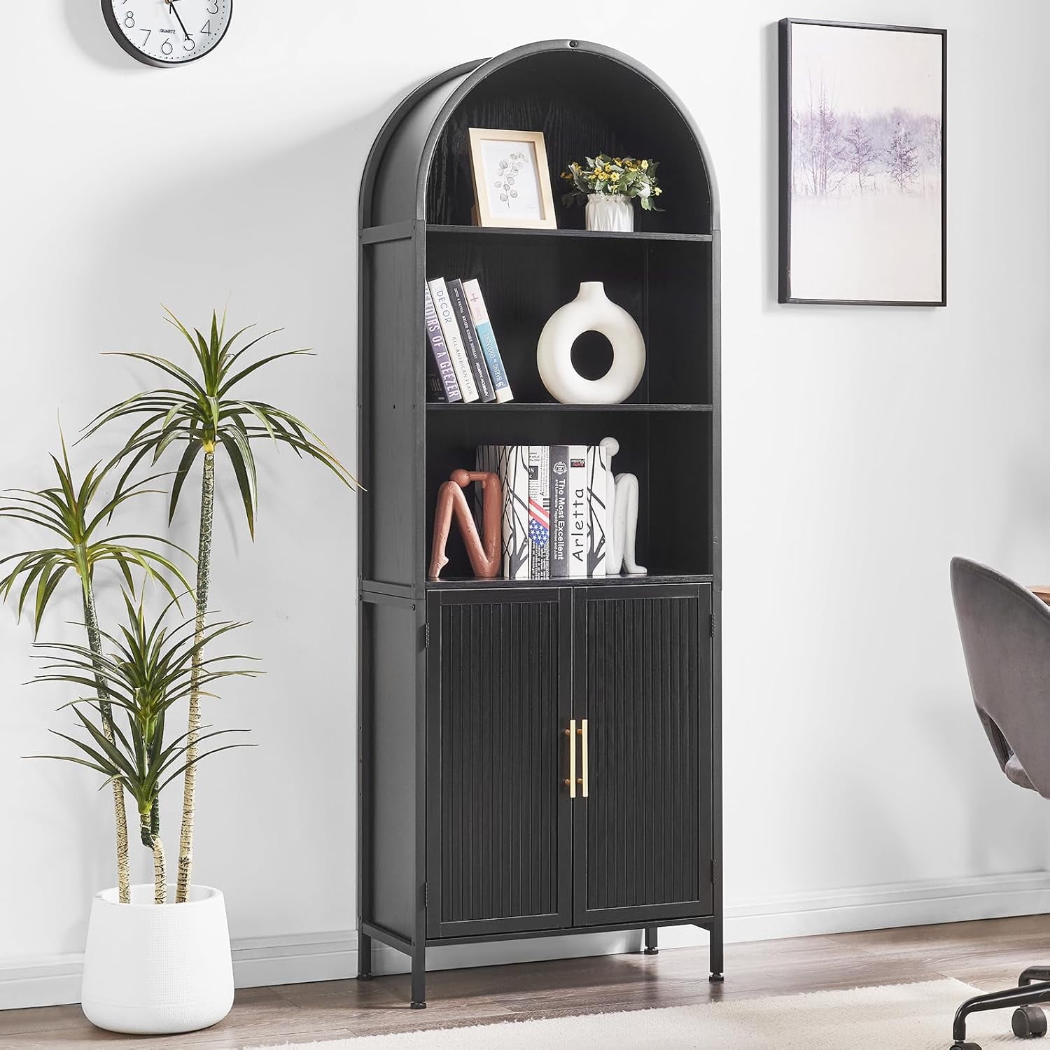 Arched Bookcase Book Shelf with Doors, 5 Tier Tall Display Bookshelf ...