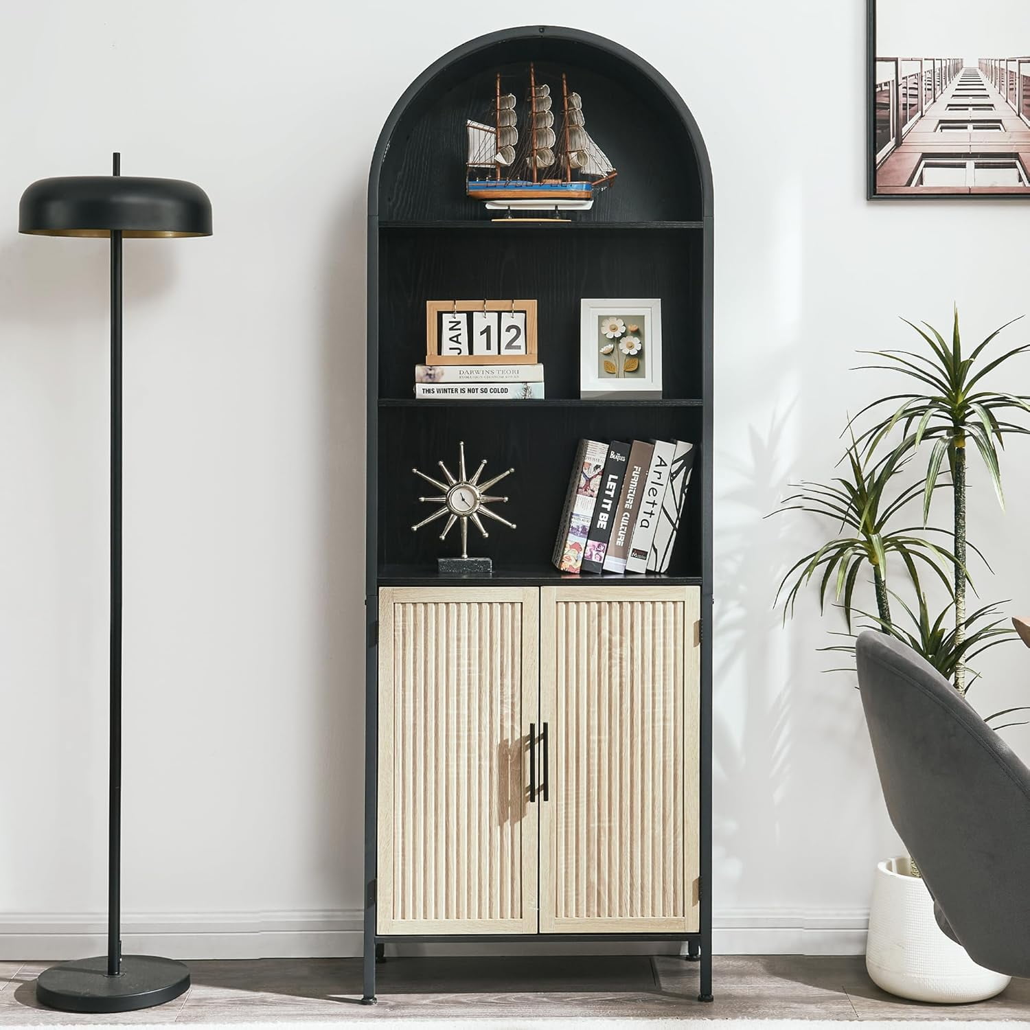 Arched Bookcase Book Shelf with Doors, 5 Tier Tall Display Bookshelf ...
