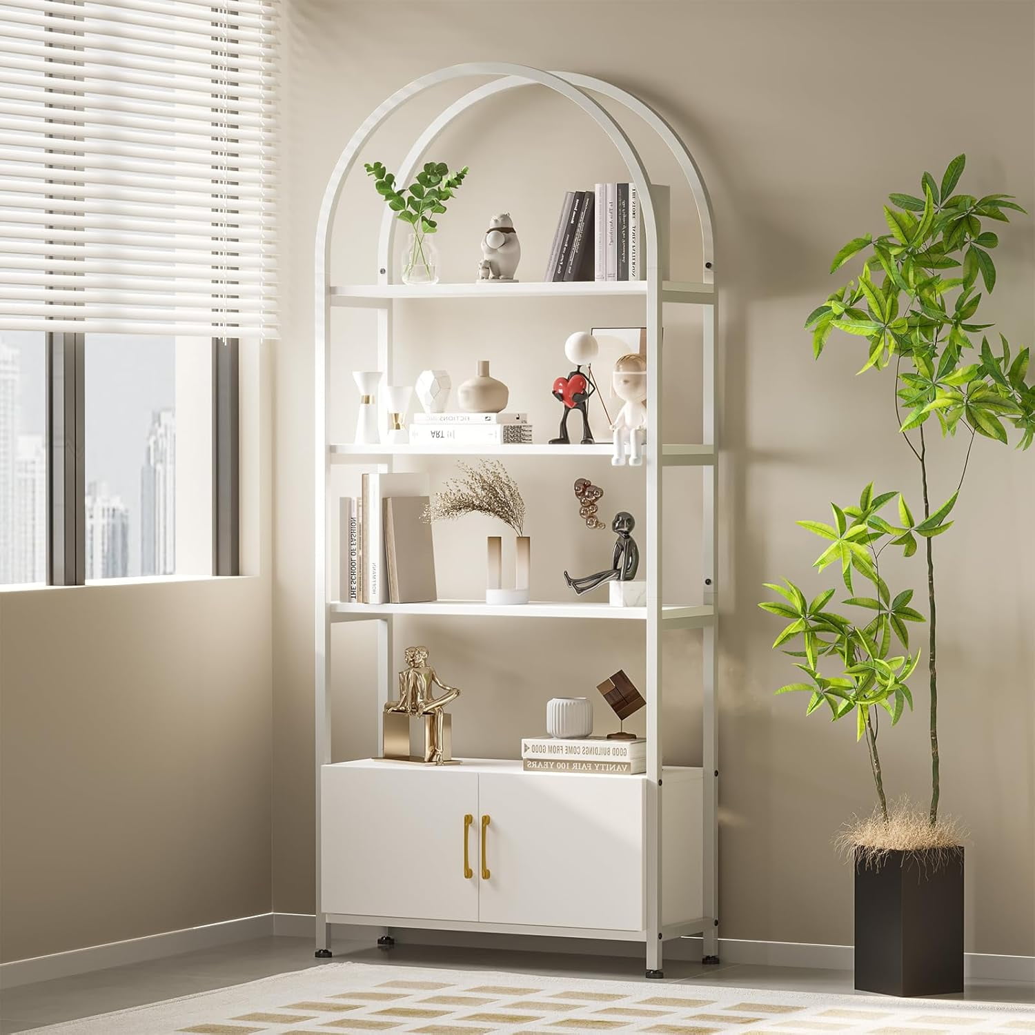 Arched Bookcase, Modern Bookshelf with Doors Storage, 71.5" Tall ...