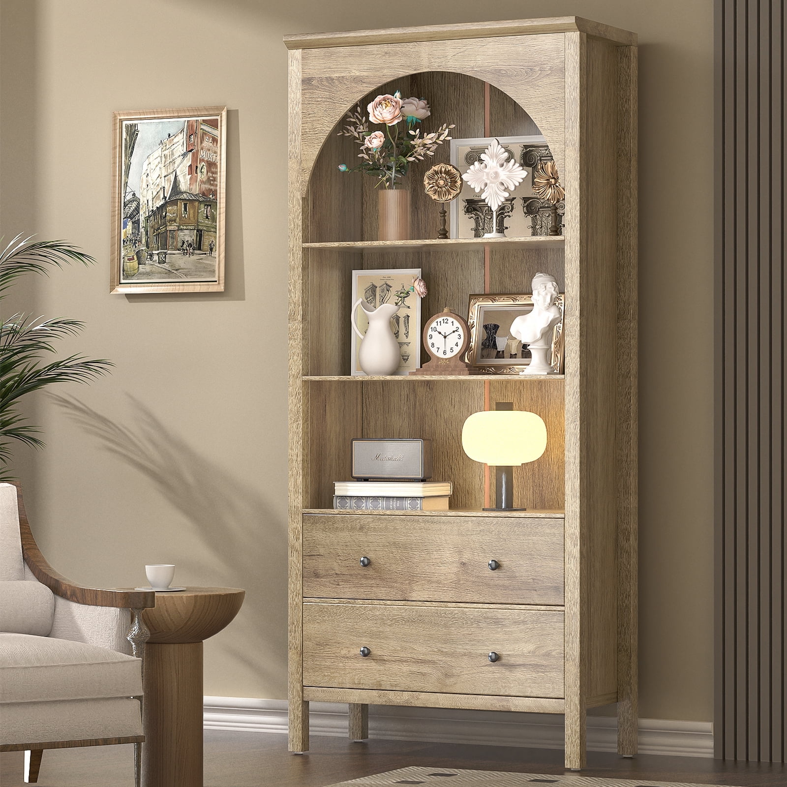 Arched Bookcase, Oak Arched Cabinet with Drawers, 71" Tall China Curio ...