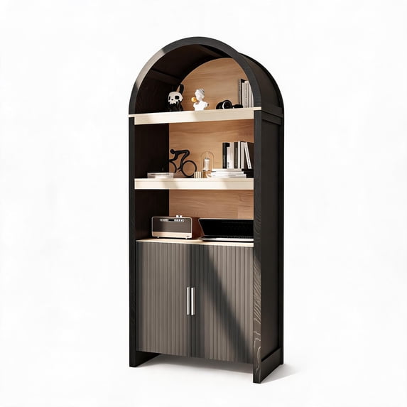 Arched Bookcase with Storage, Tall Display Cabinet with Fluted Doors, 5 ...