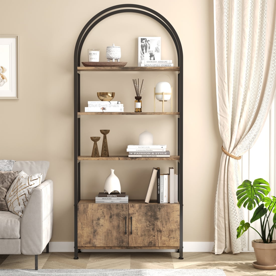 Arched Bookshelf, 4-Tier Bookshelf with Doors Storage, 71.5 Inch Tall ...