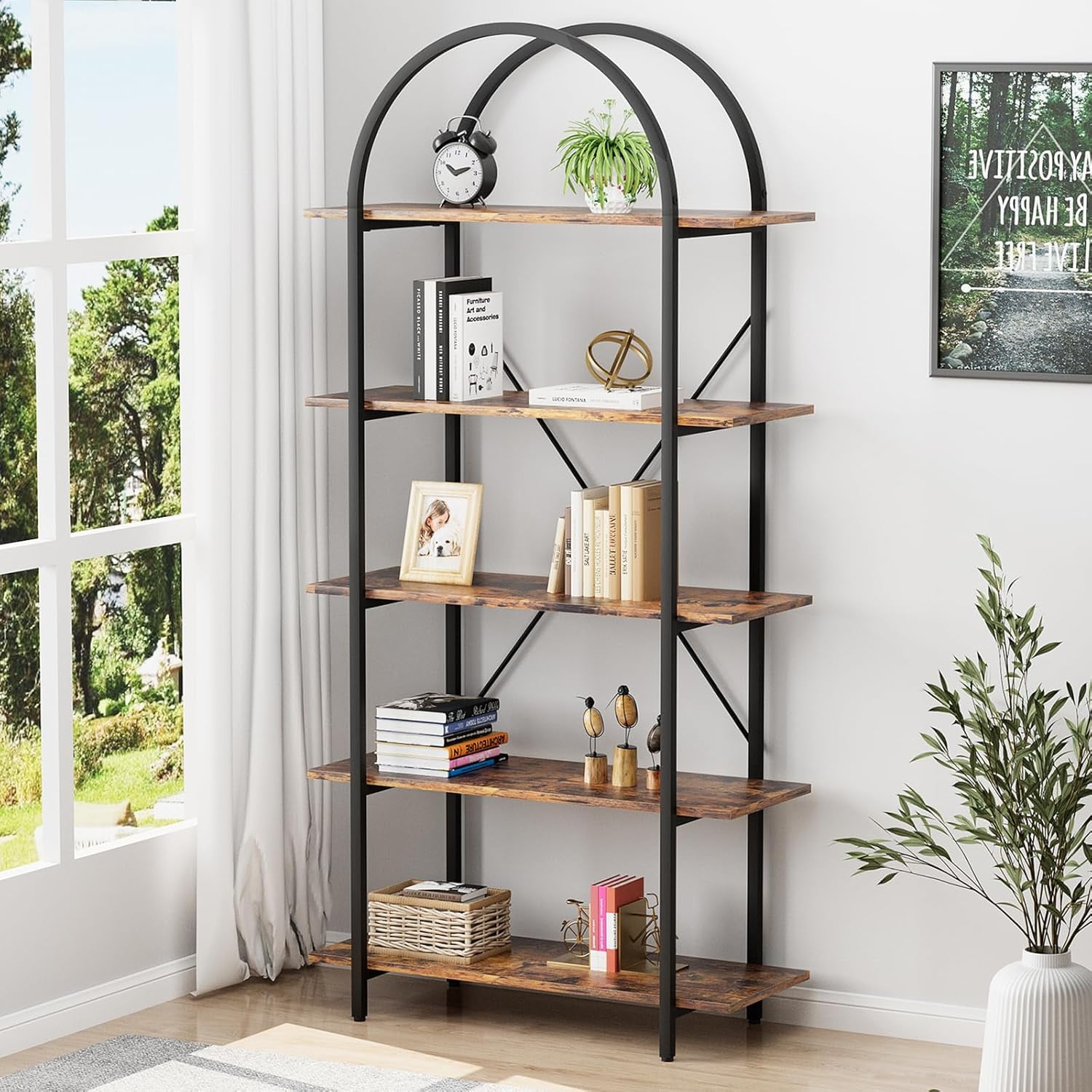 Arched Bookshelf 5 Tier Book Shelf, 31.5 Inch Width Industrial Arch ...