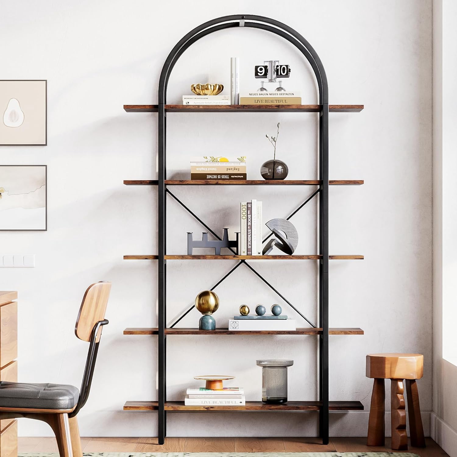 Arched Bookshelf, 5 Tier Bookcase Arched Display Racks with Metal Frame ...