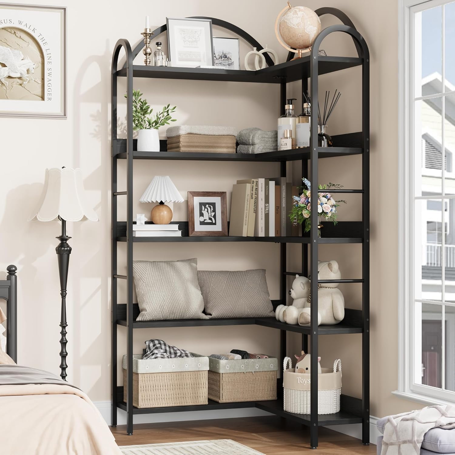 Arched Bookshelf 5 Tier Bookcase, L Shaped Corner Tall Shelf for CDs ...
