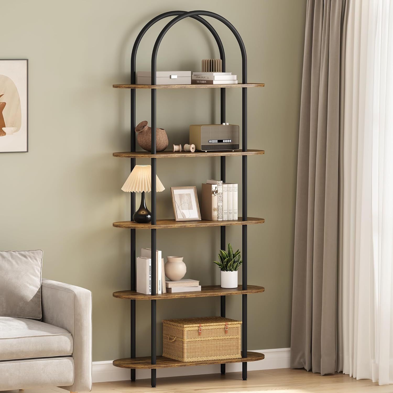 Arched Bookshelf 5 Tier Bookcase Open Bookshelf Storage Shelves with ...