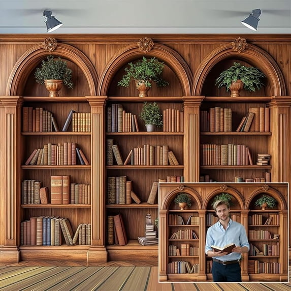 Arched Bookshelf Backdrop Modern Vintage Library Books Office Plants ...