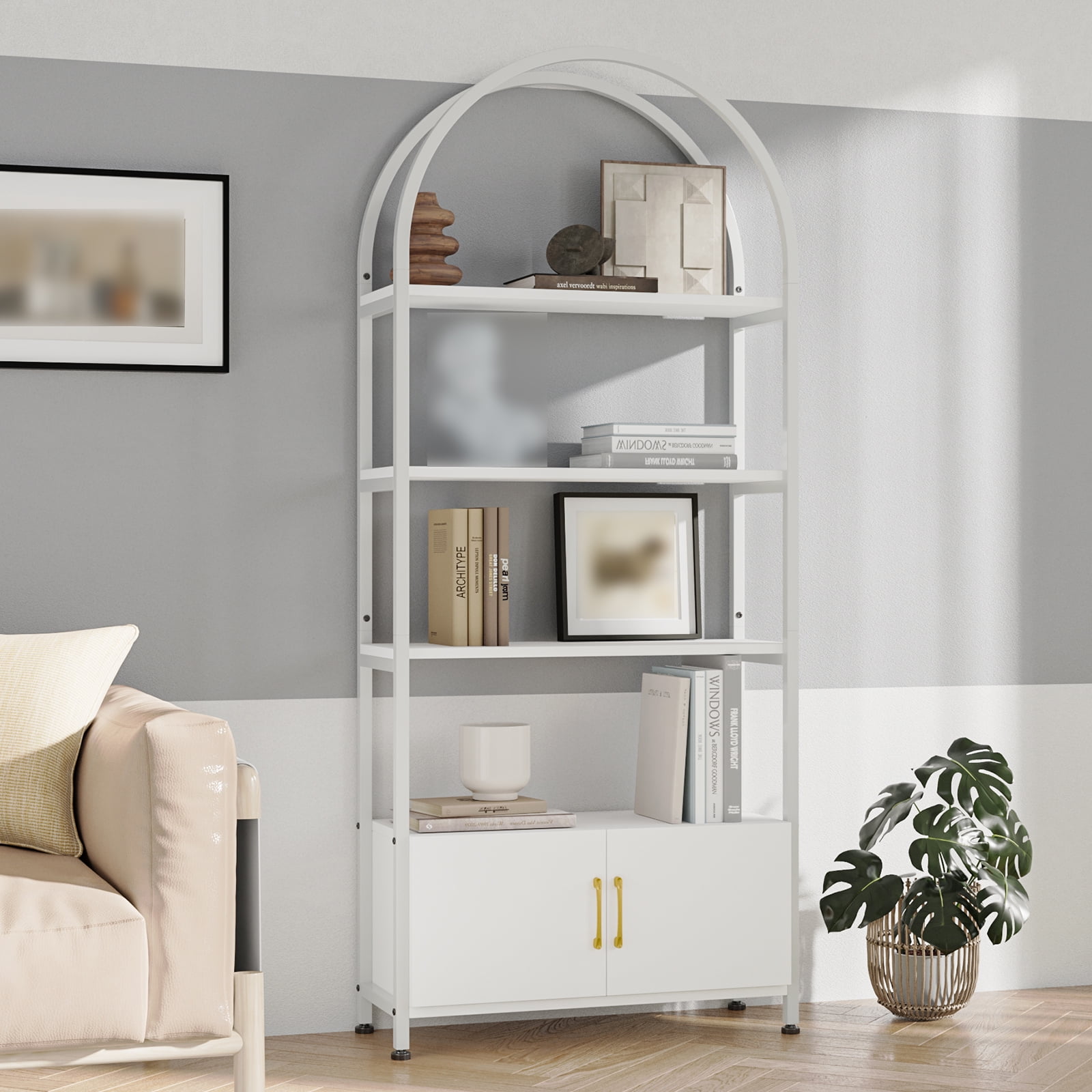 Arched Bookshelf, Bookcase with Doors Storage, 71.5" 4-Tier Tall ...