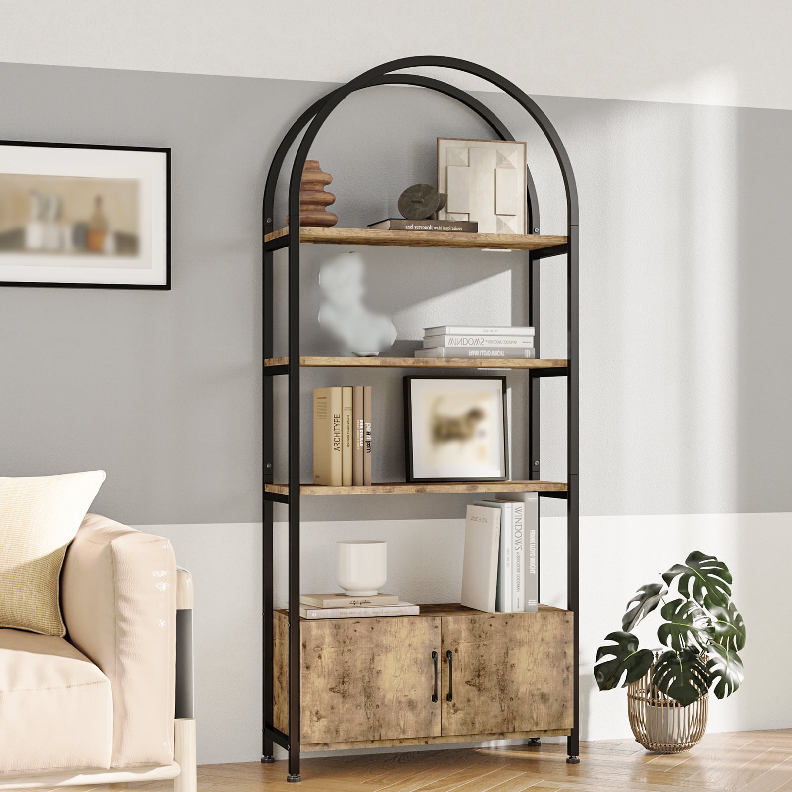 Arched Bookshelf, Bookcase with Doors Storage, 71.5" 4-Tier Tall ...