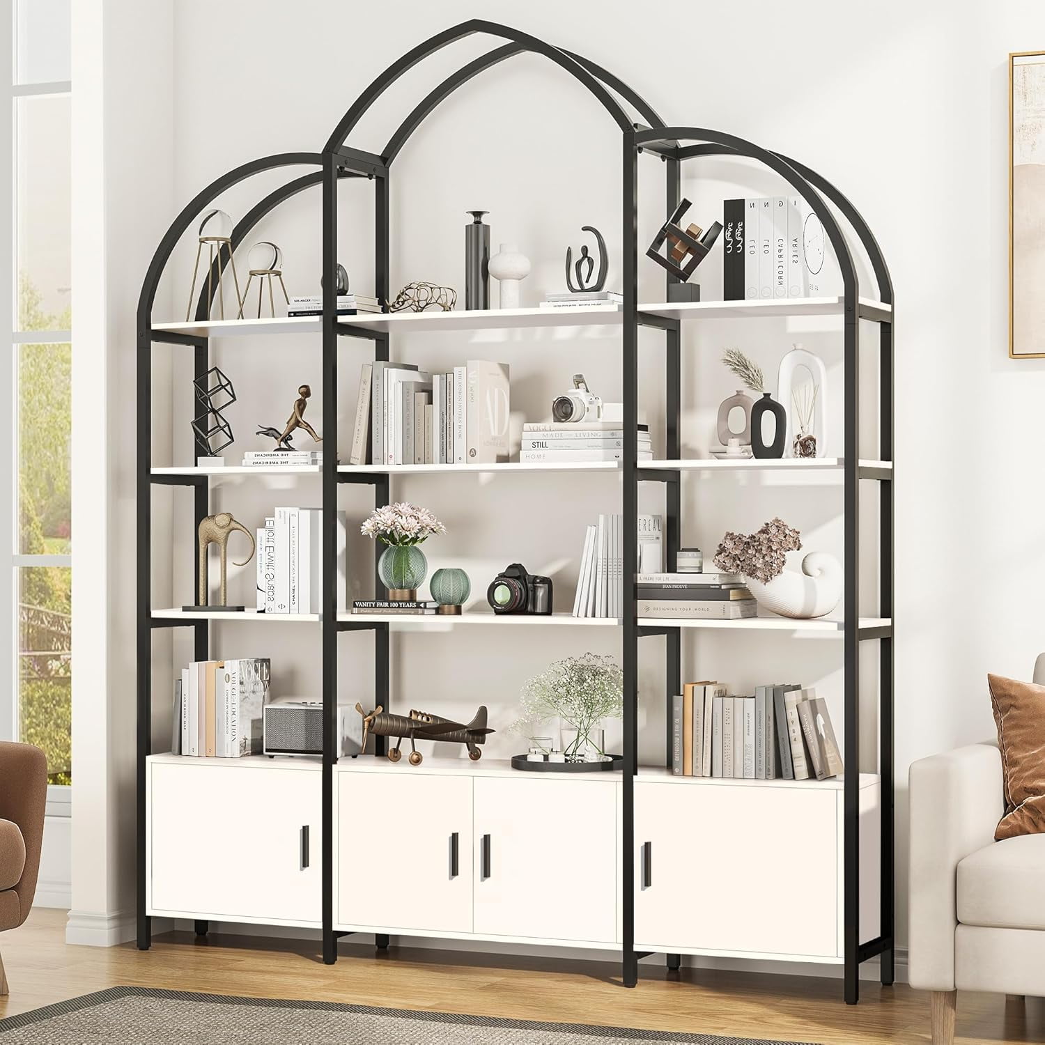 Arched Bookshelf and Bookcase with Doors, Triple Wide 5 Tier Standing ...