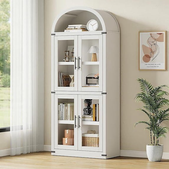 Arched Bookshelf with Doors ，Wooden Display Cabinet Rounded Bookcases ...