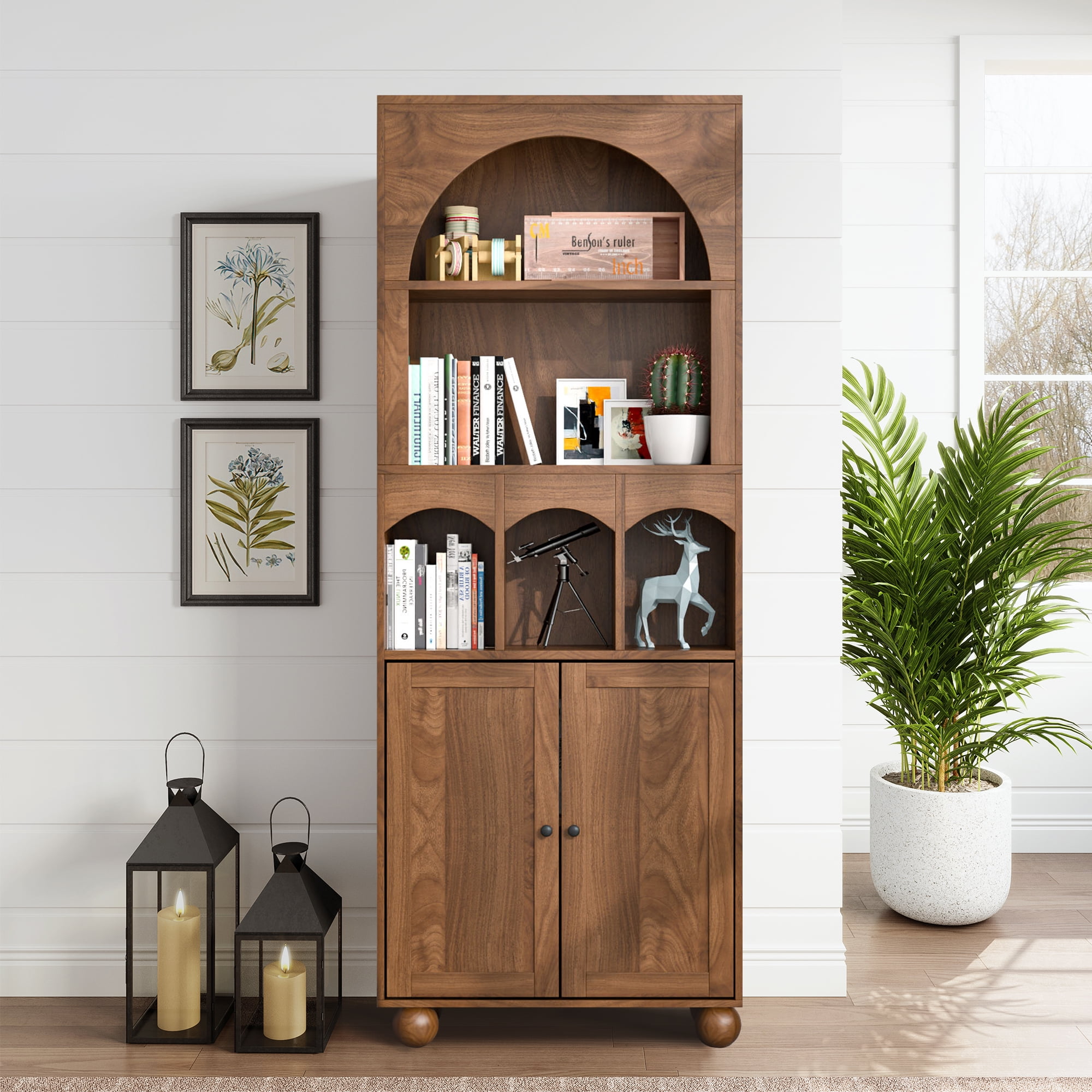 Arched Bookshelf with Storage, 5-Tier Bookcase with Doors, Wooden ...