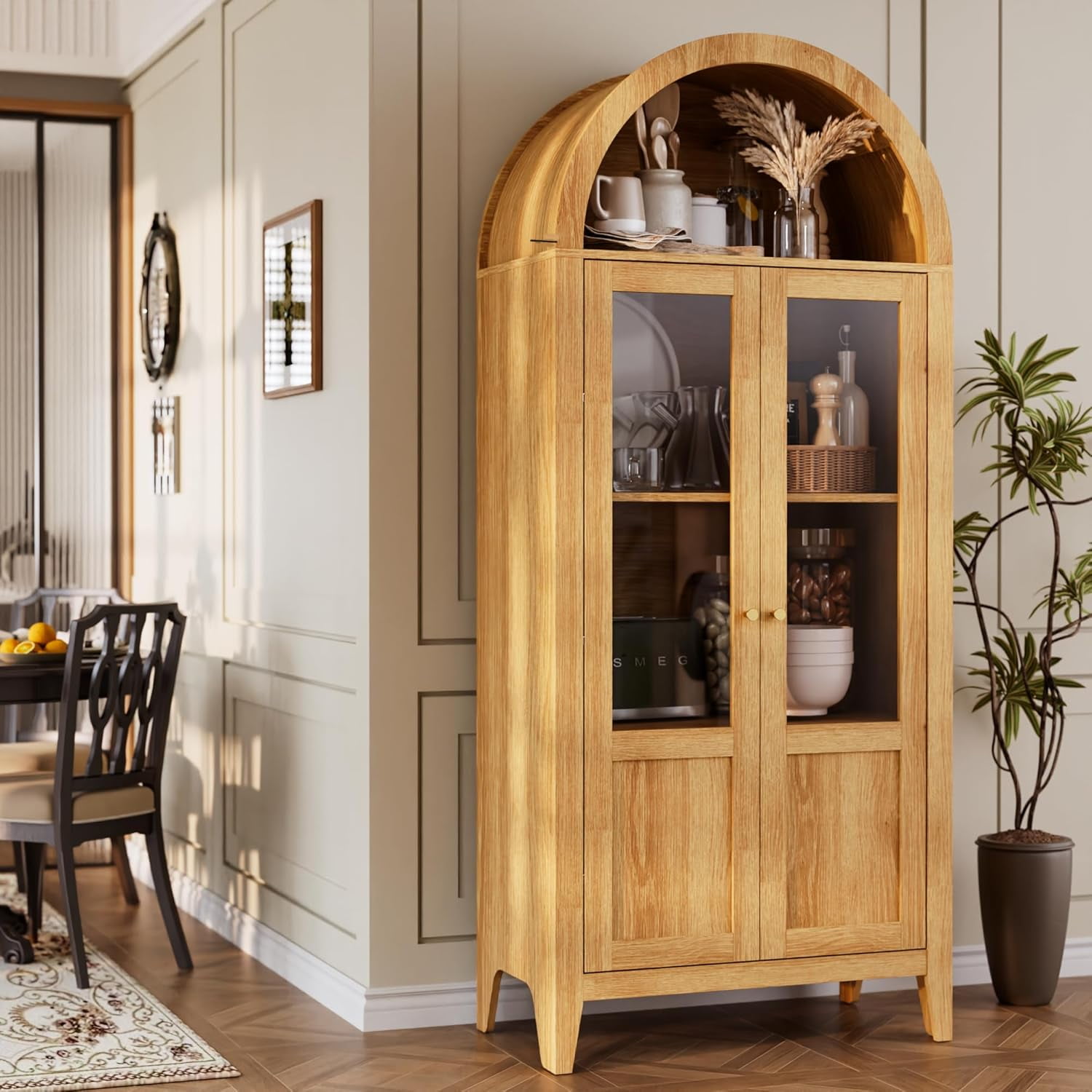 Arched Cabinet, 71" Tall Kitchen Pantry Storage Cabinet with 2 Glass ...