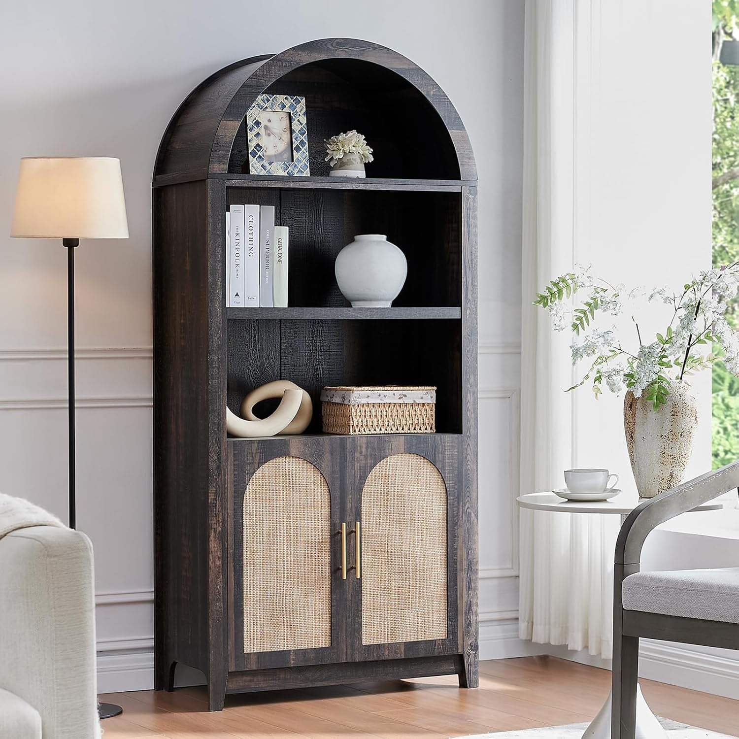 Arched Cabinet Bookshelf Bookcase - 69.3\u201D Tall Mid Century Arched ...