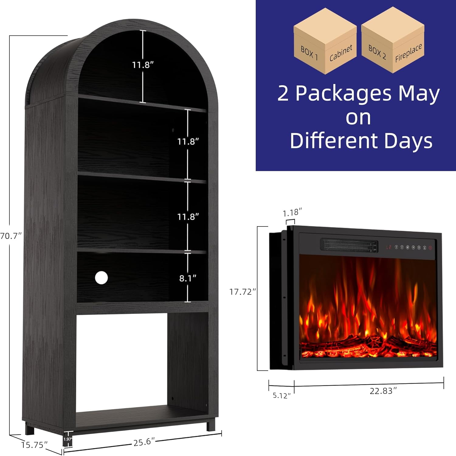 Arched Cabinet with Electric Fireplace Bookcase, 4-Tier Adjustable ...