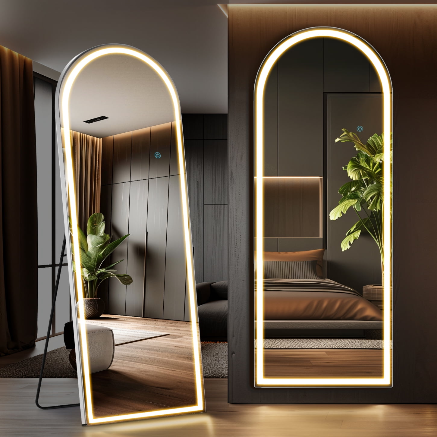 Arched Floor Mirror with Smart LED Lights strip , Lighted Floor ...