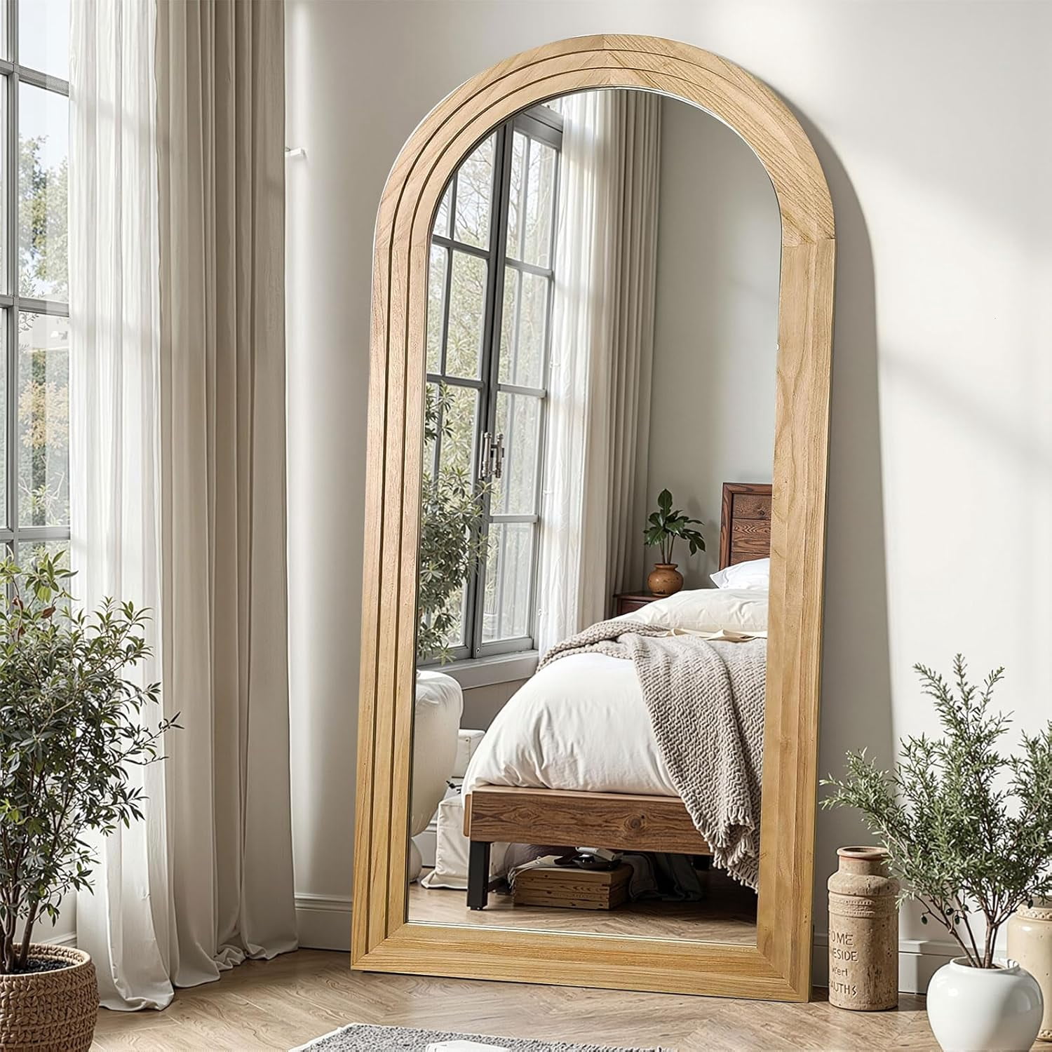 Arched Full Length Floor Mirror with Stand, Rustic Farmhouse Solid Wood ...