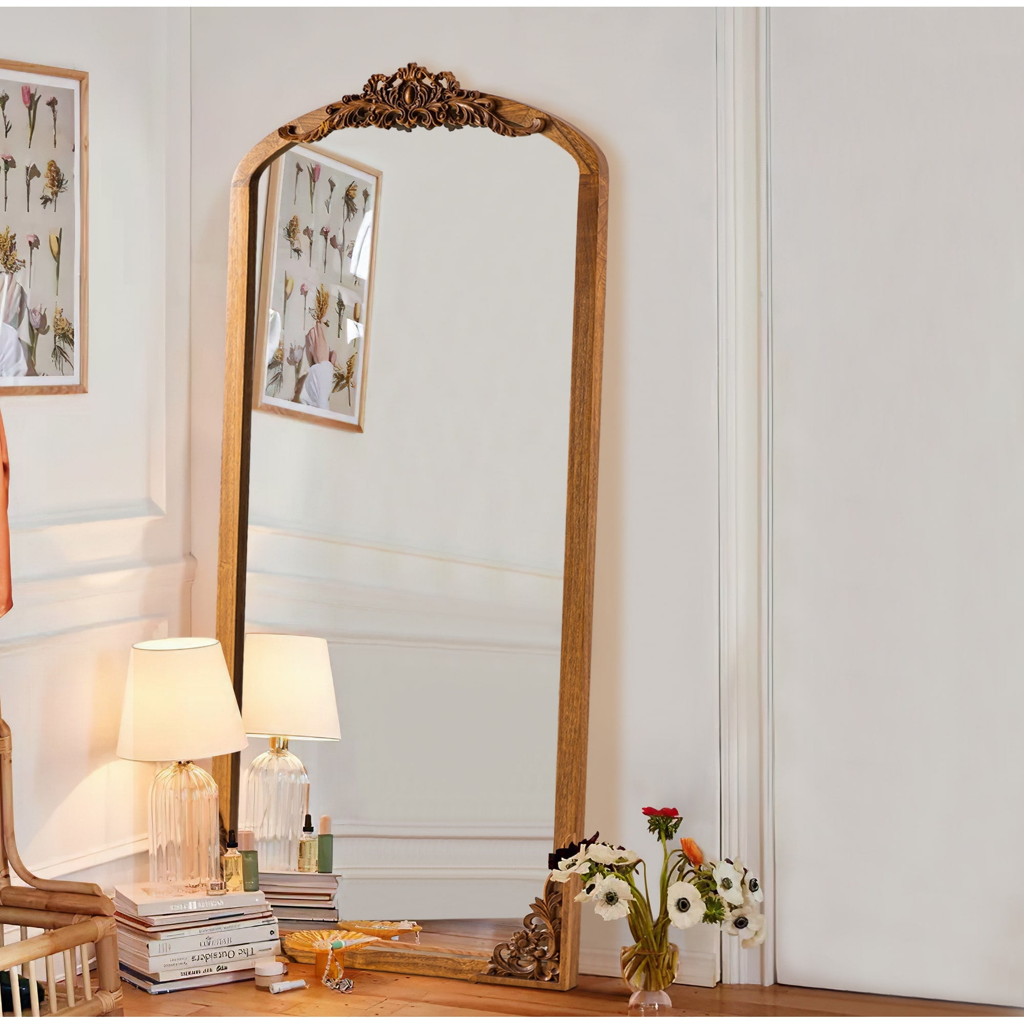 Arched Full-Length Solid Wood Carving Floor Mirror 64x21 - Gold ...