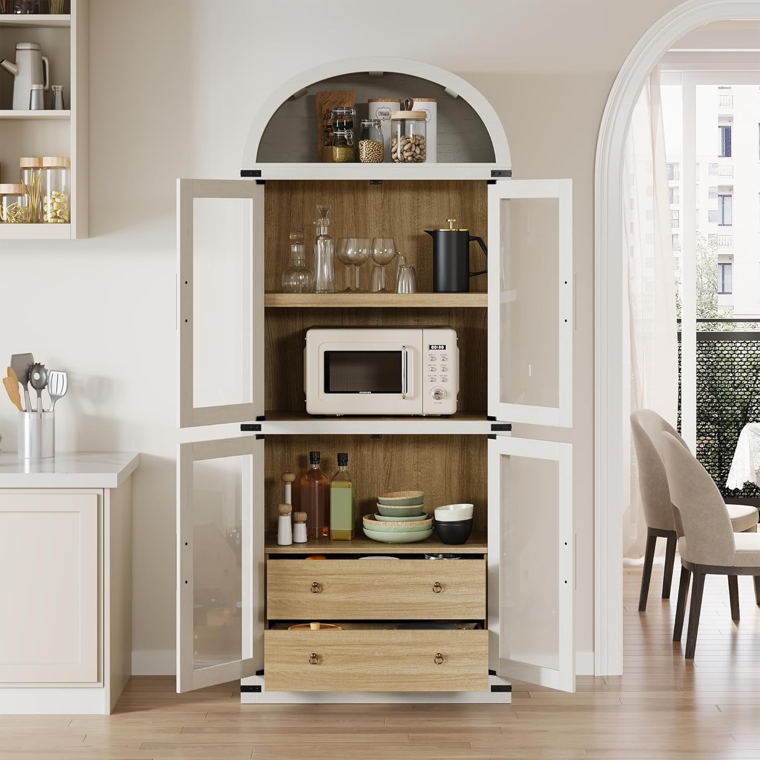 Arched Kitchen Pantry Cabinet with Glass Doors - Farmhouse Storage ...