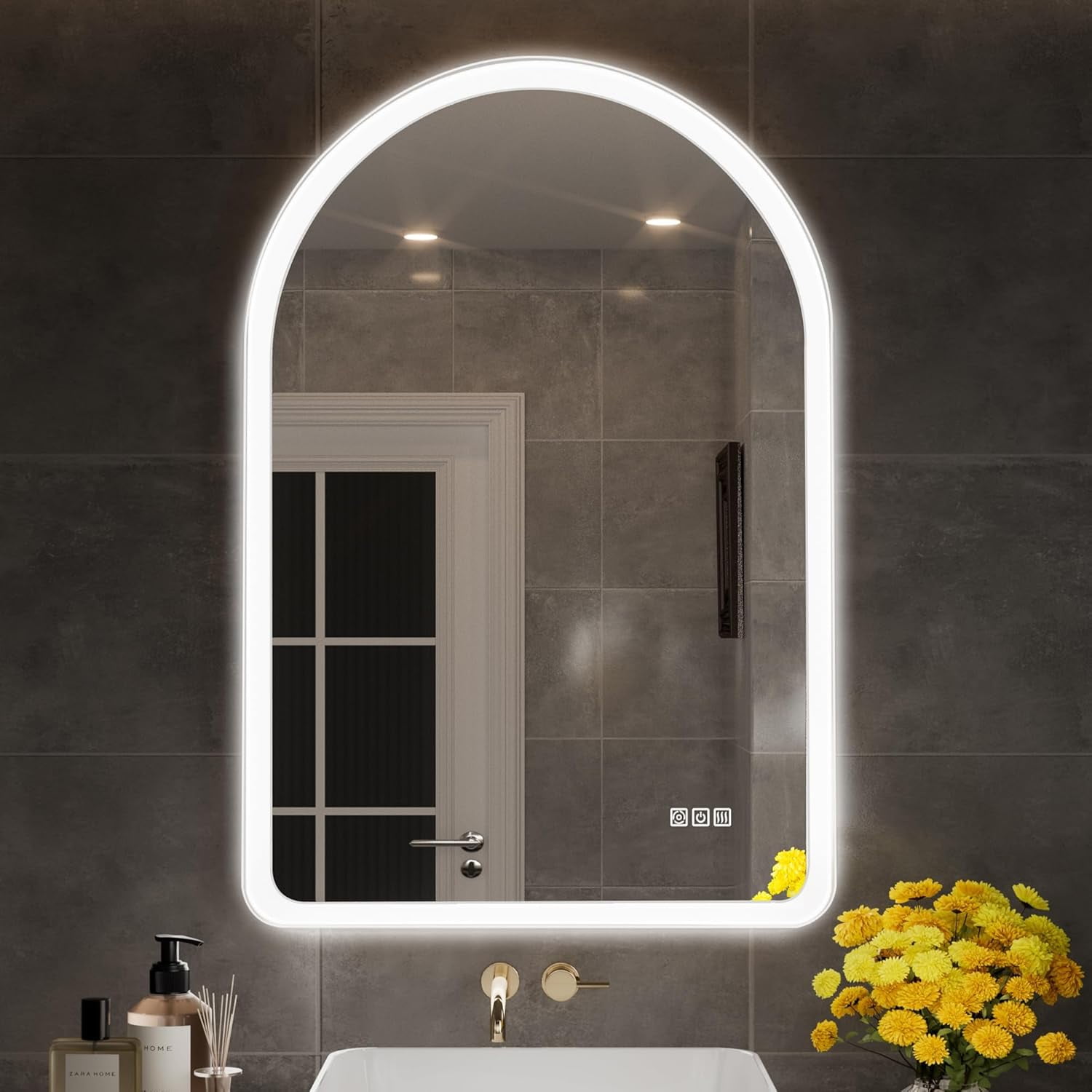 Arched LED Bathroom Mirror, 24x36 Fogless White Frame Bathroom Mirror ...