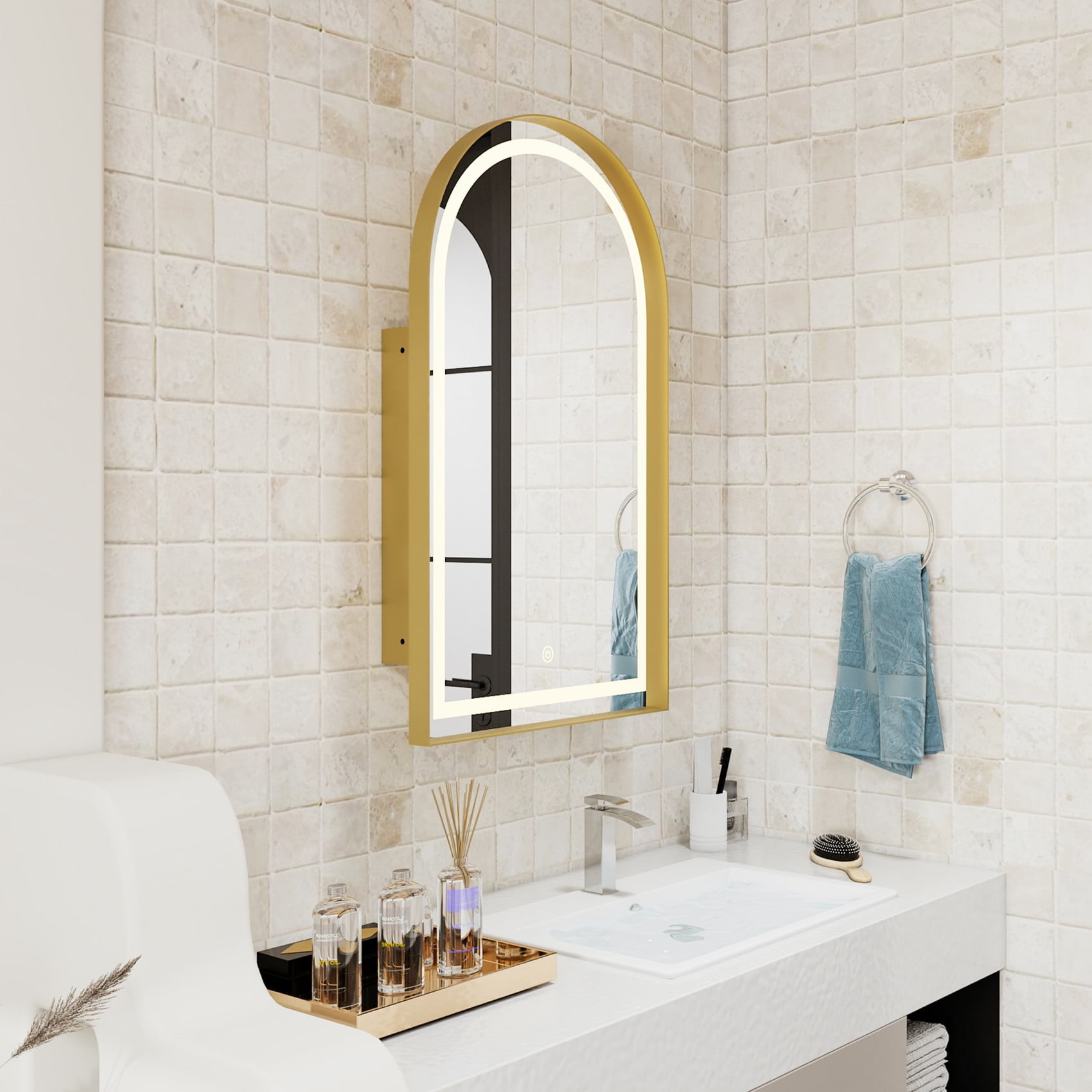 Arched Medicine Cabinet with LDE&Mirror, Bathroom Mirror with Storage ...