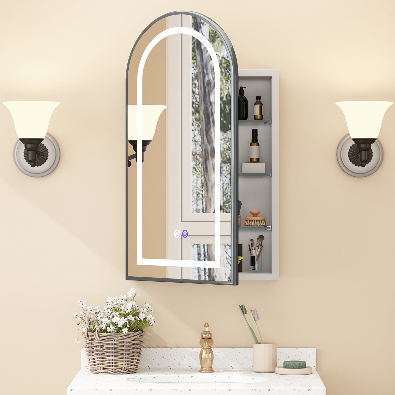 Arched Medicine Cabinet with Light,20x36 Inch Recessed Lighted Medicine Cabinet Mirror with ...