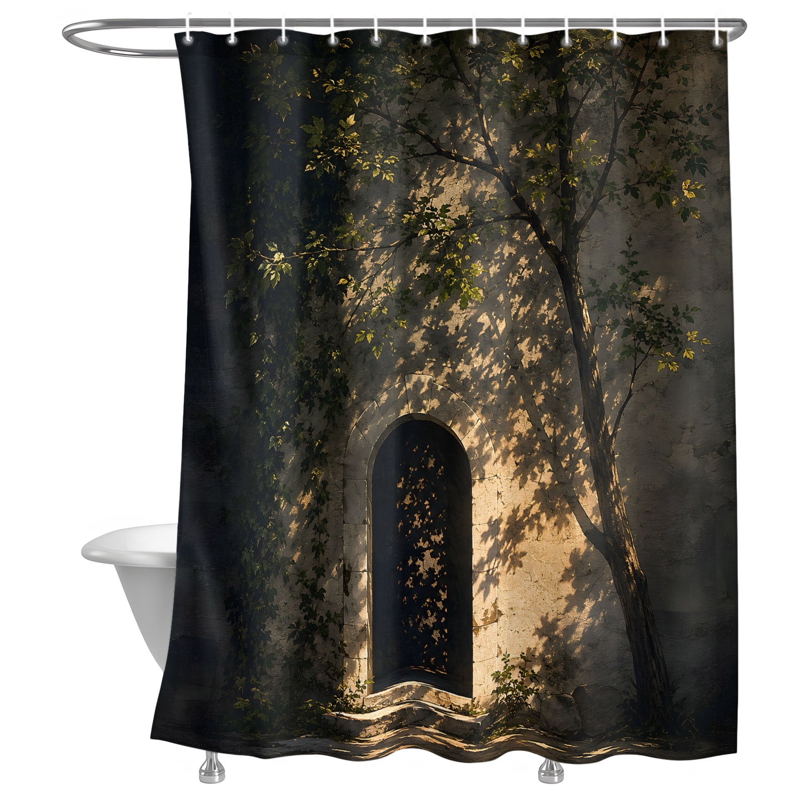 Arched Stone Doorway Shower Curtain, Rustic Architectural Gold Sunlight ...