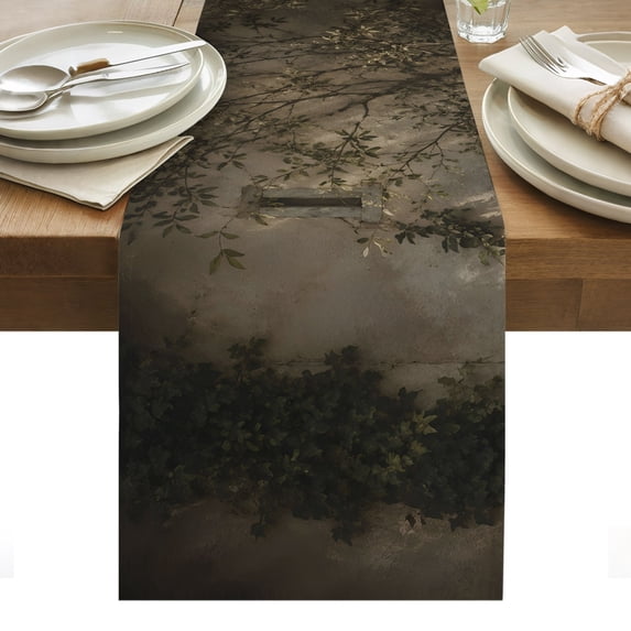 Arched Stone Doorway Table Runner, Rustic Architectural Brown Leaf Tree ...