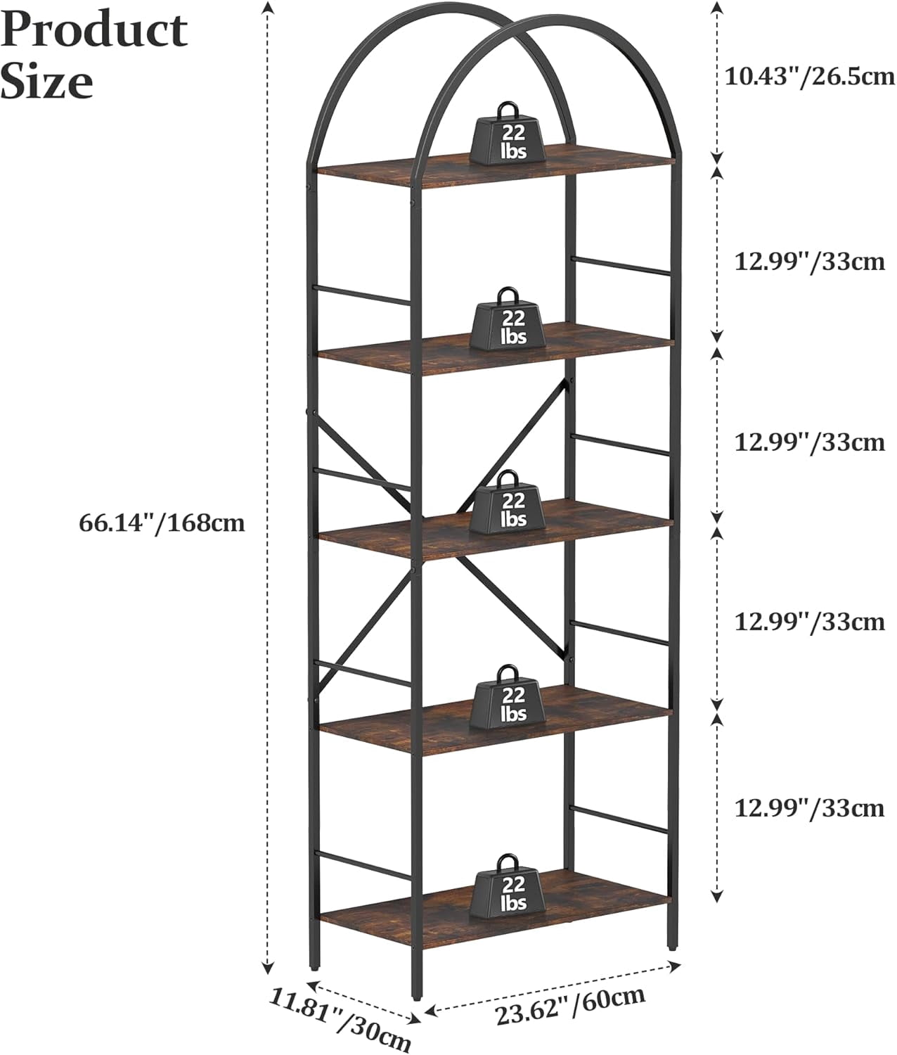 Arched Tall Bookshelf, 5 Tier Narrow Bookcase, Display Stand Book Shelf ...