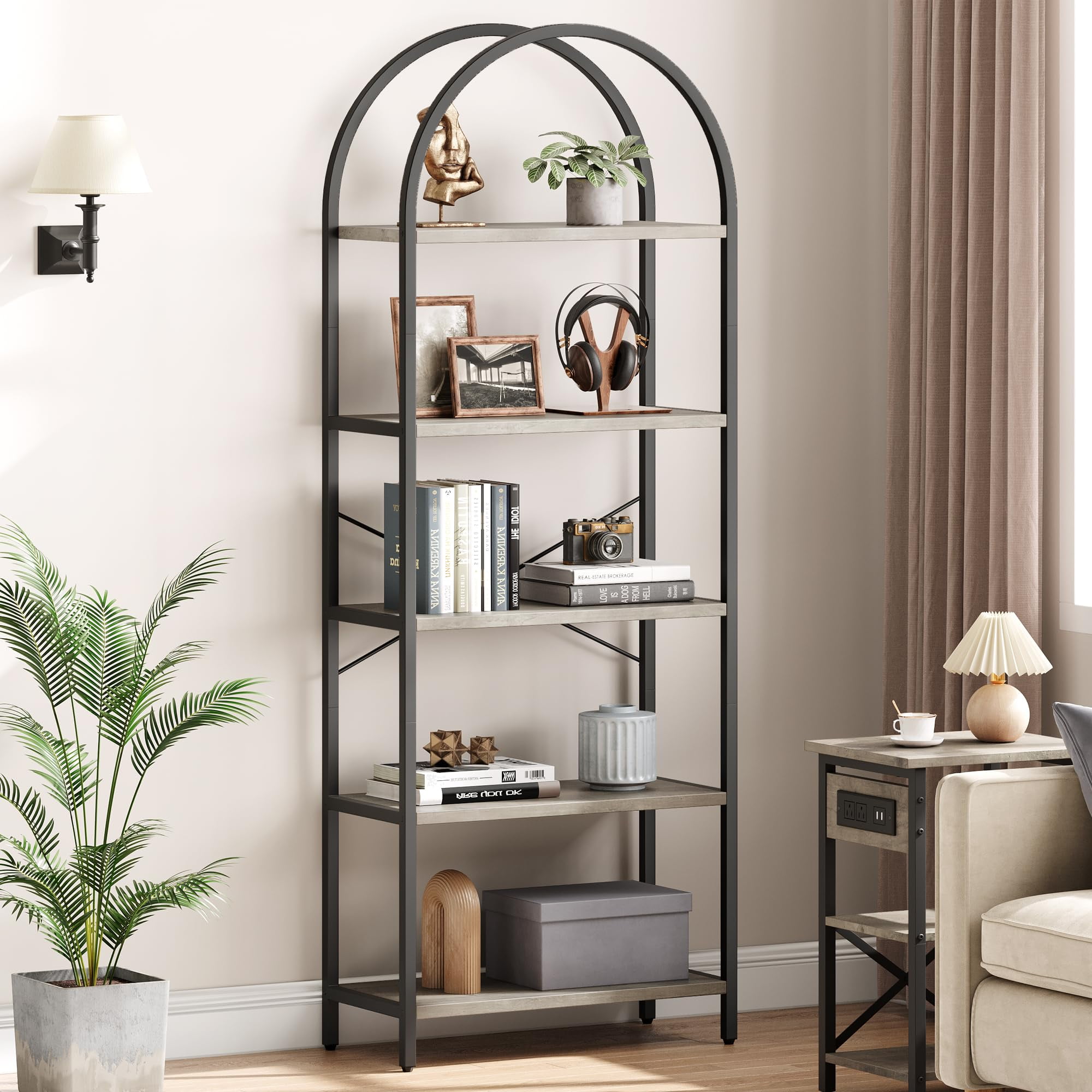 Arched Top Bookshelf, 5 Tier Arched Bookcase with Adjustable Feet, 70.8 ...