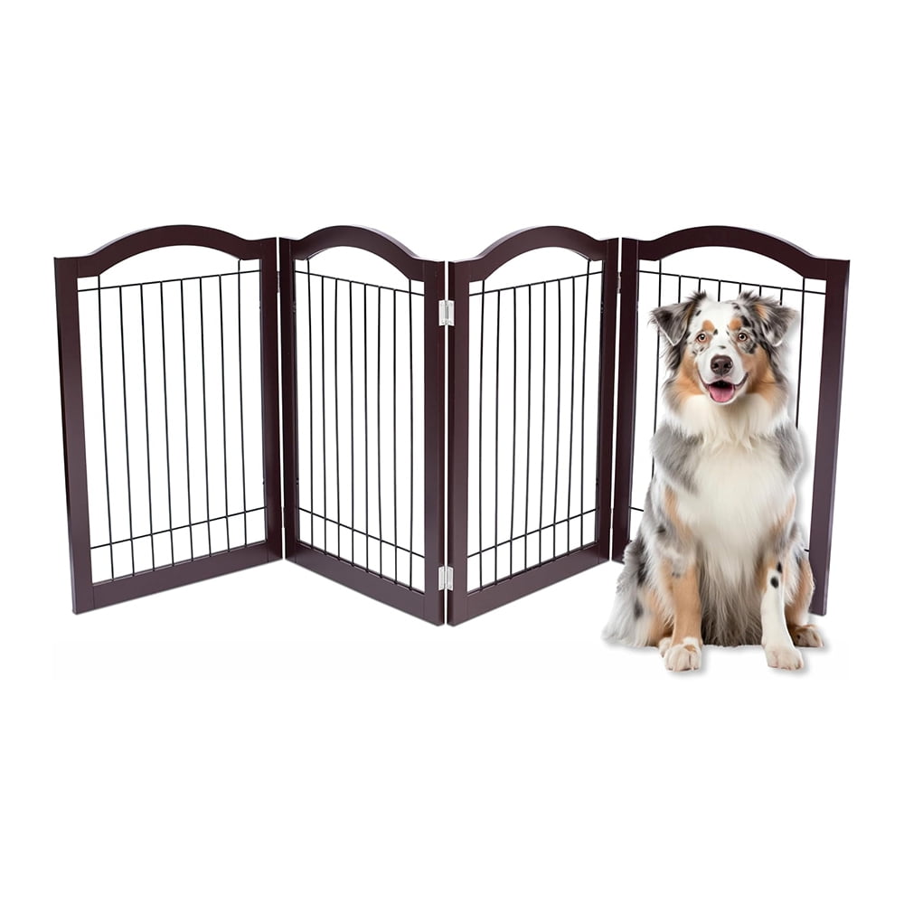 Arched Top Wire Dog Gate with 4 Panel, 30in H x 80in, Wooden Free ...