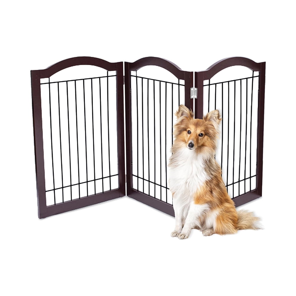 Arched Top Wire Dog Gate with 3 Panel, Wooden Dog Fence, Free Standing ...
