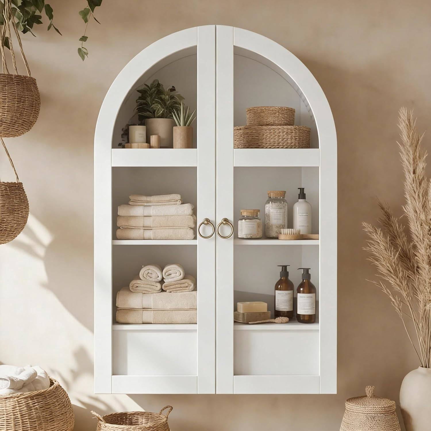 Arched Wall Cabinet, White Bathroom Cabinet with Tempered Glass Door ...