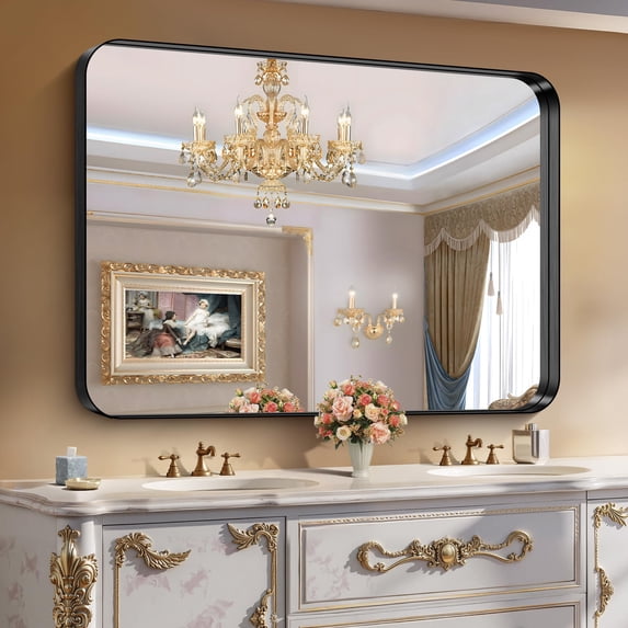Arched Wall Mirror 24x20 Inch Black Metal Frame Tempered Glass Large ...
