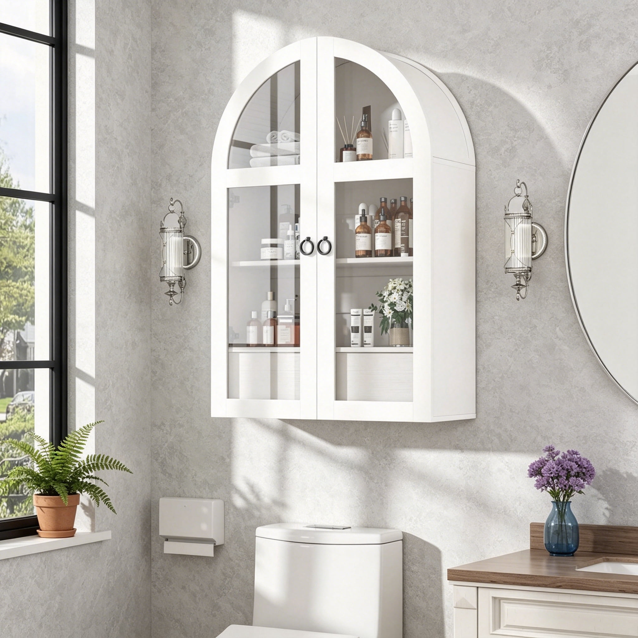 Arched White Bathroom Wall Cabinet with Tempered Glass Door and ...