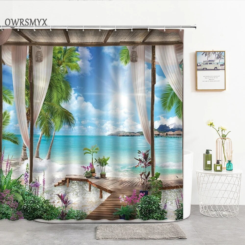 Arched Window Sill Boat Ocean Scenery Shower Curtains Bathroom ...