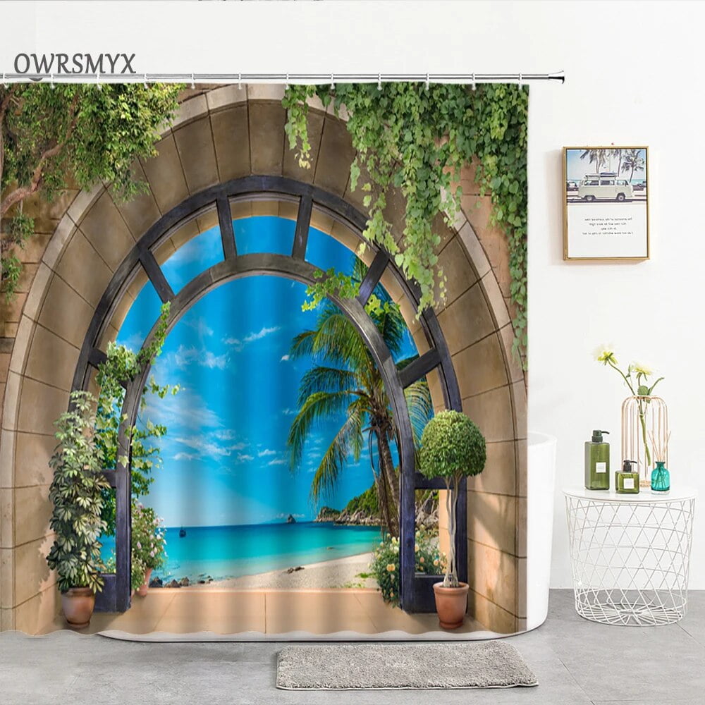 Arched Window Sill Boat Ocean Scenery Shower Curtains Bathroom ...