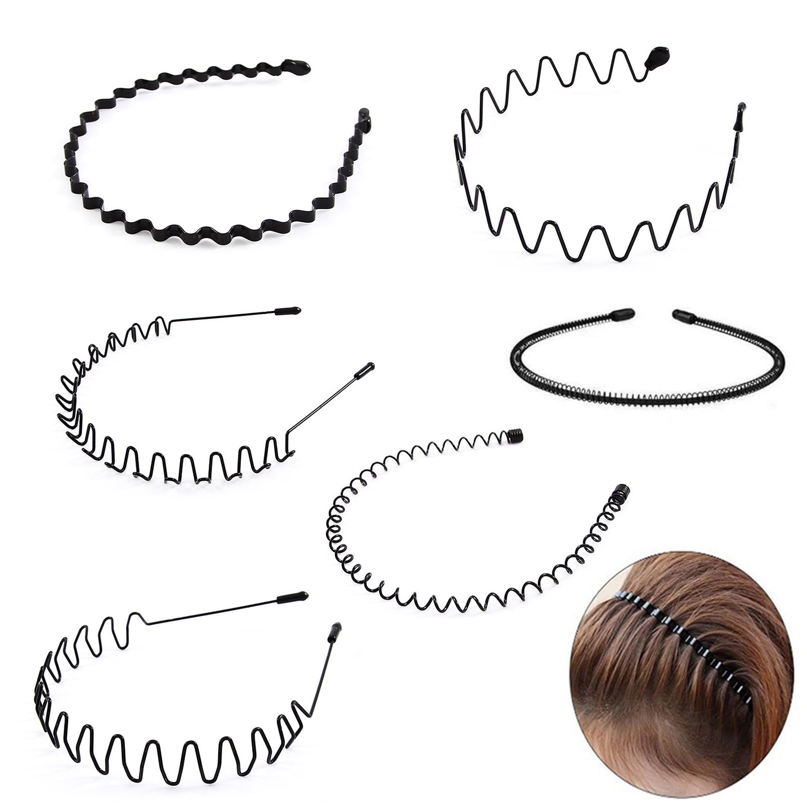 Archer 6Pcs Adjustable Invisible Non-Slip Hair Hoops Black Wavy Spring ...