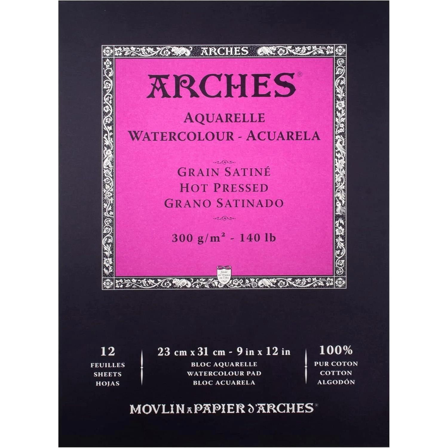 Arches Hot Press Watercolor Paper 140Lb 300Gsm 9X12 Natural White Pad ...