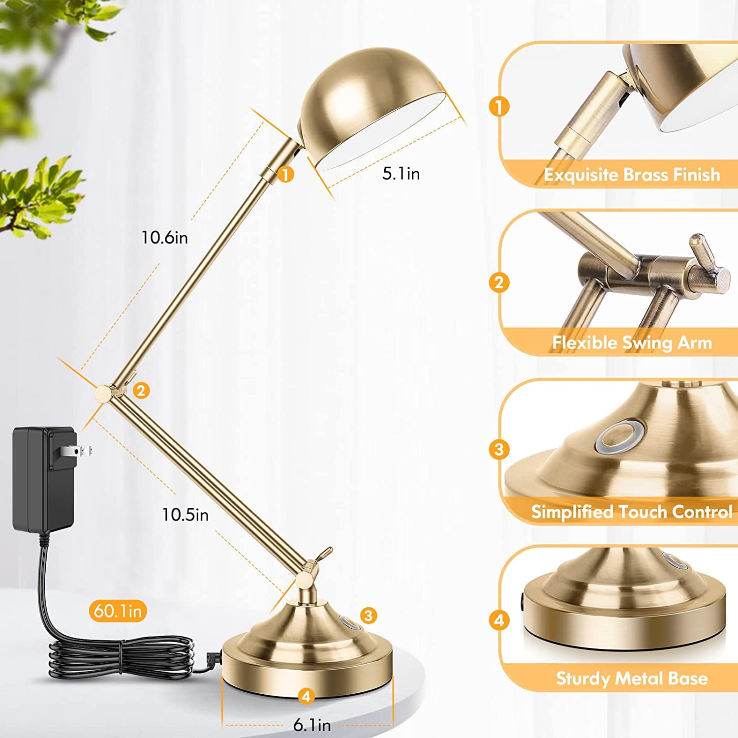 Architect Gold Dimmable Desk Lamp with USB Port, Adjustable Touch ...