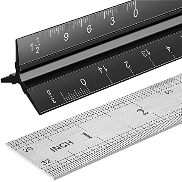 Architectural Scale Ruler Set, 2 Pack 12 Inch Aluminum Architect Ruler with Standard Metal Ruler ...