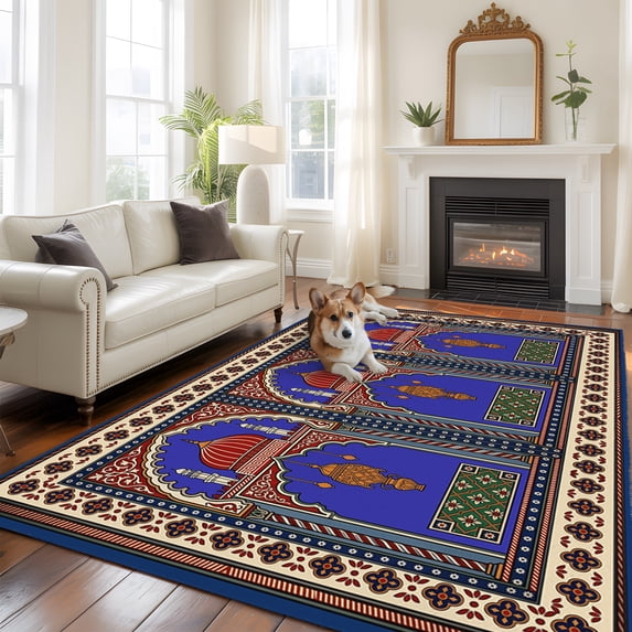 Archway Columns Washable Area Rug 5x8 Vintage Ethic Traditional Blue ...