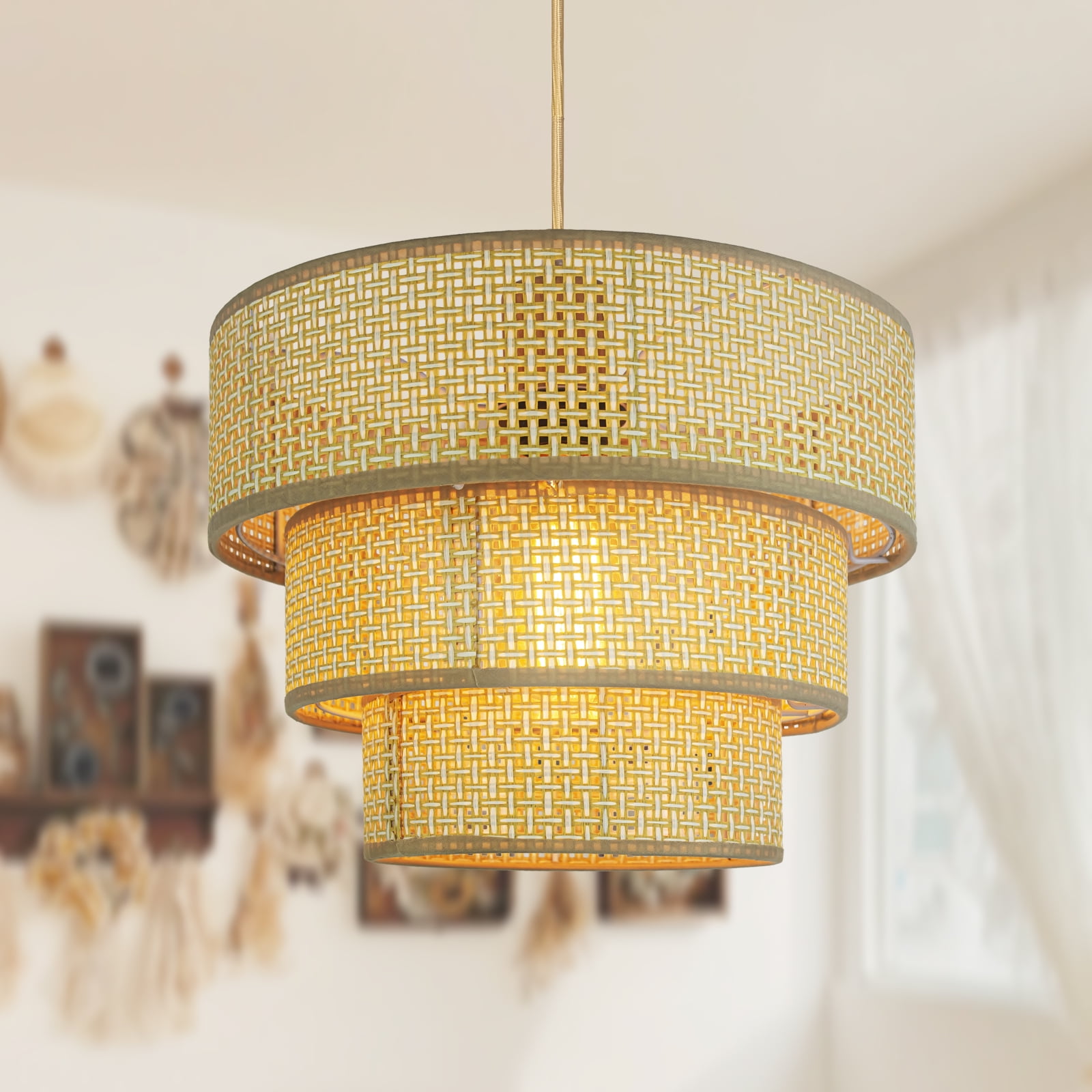 ArcoMead Rattan Ceiling Lamp, Handmade Foldable 3 Layers of Lampshade ...